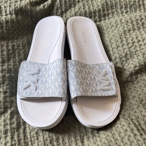 Michael Kors | Shoes | Michael Kors Baby Blue And Silver Logo Slides ...